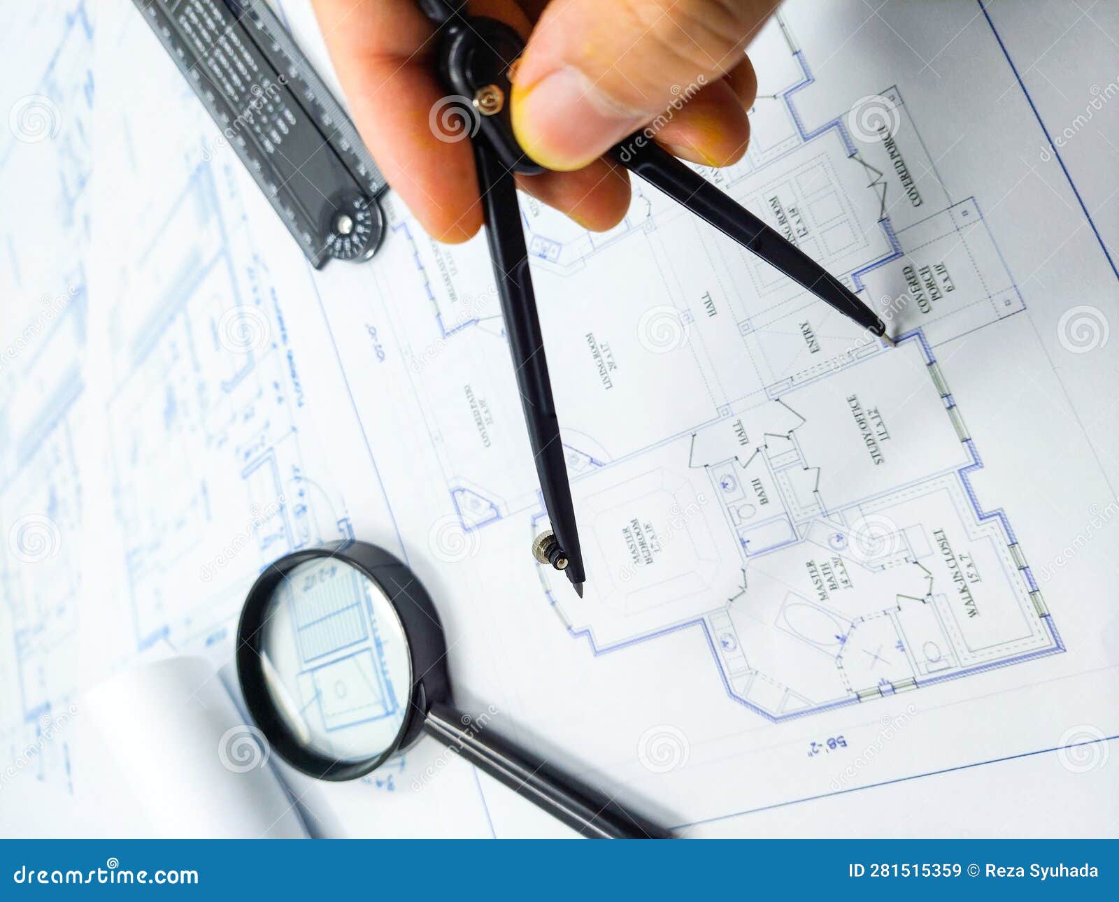 Hands of Engineer Working on Blueprint. Architecture Interior Concept ...