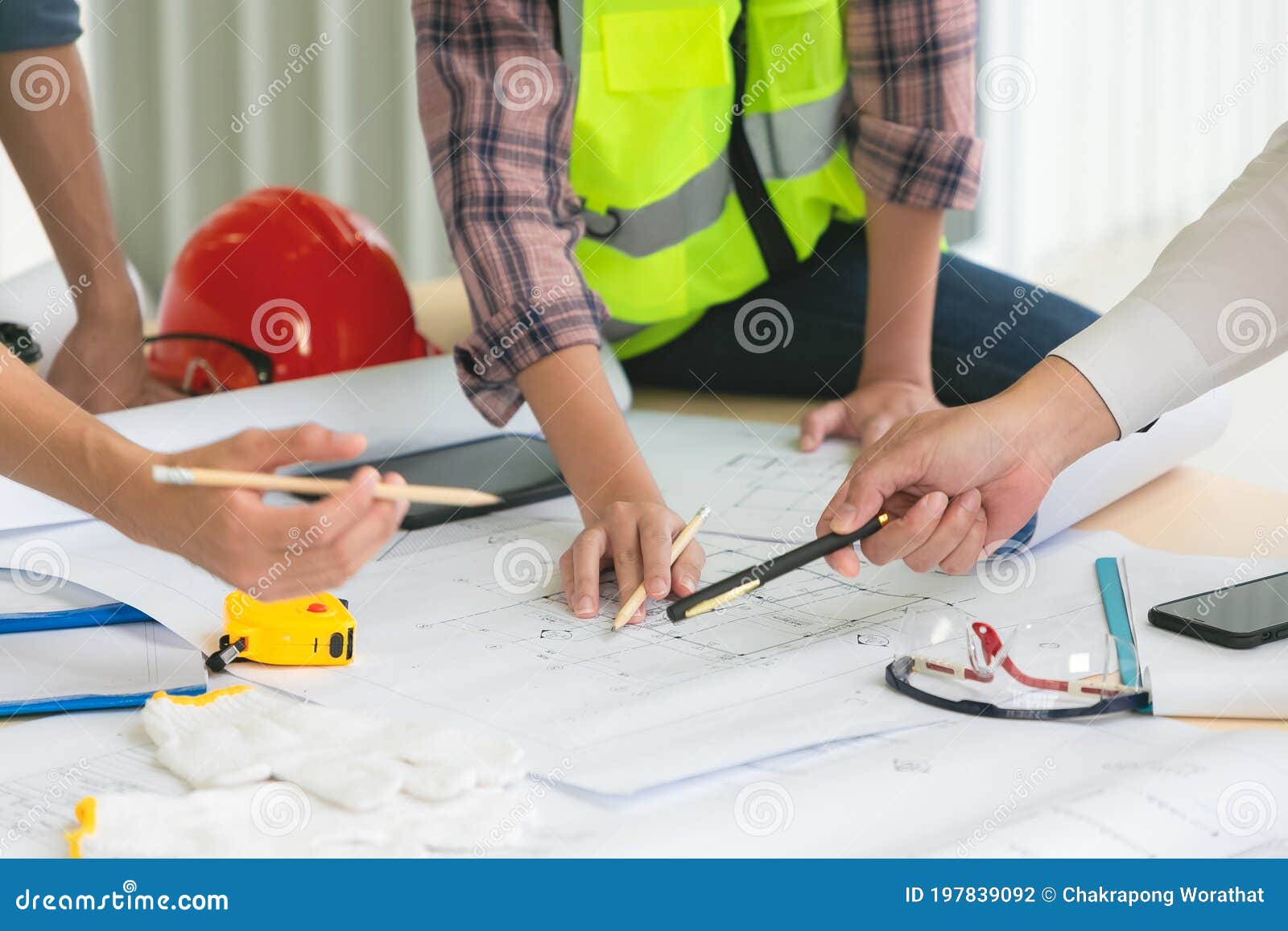 Hands of Engineer Working on Blueprint and Construction Concept ...