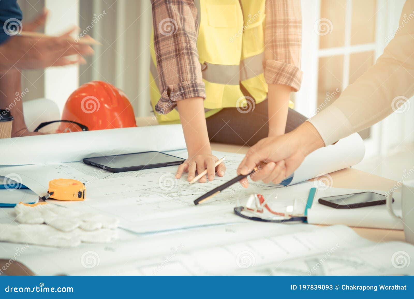 Hands of Engineer Working on Blueprint and Construction Concept ...