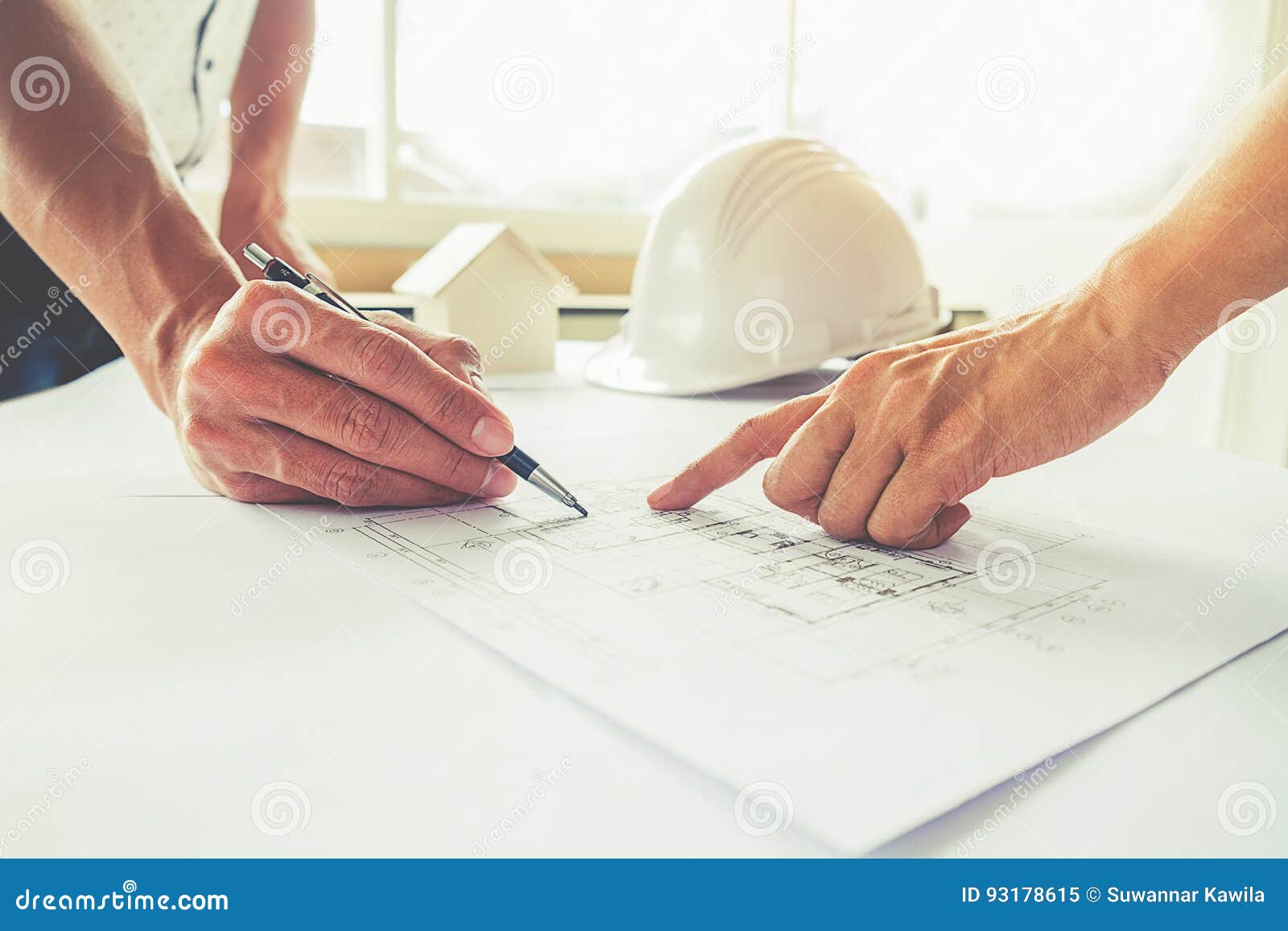 Hands of Engineer Working on Blueprint Stock Image - Image of looking ...