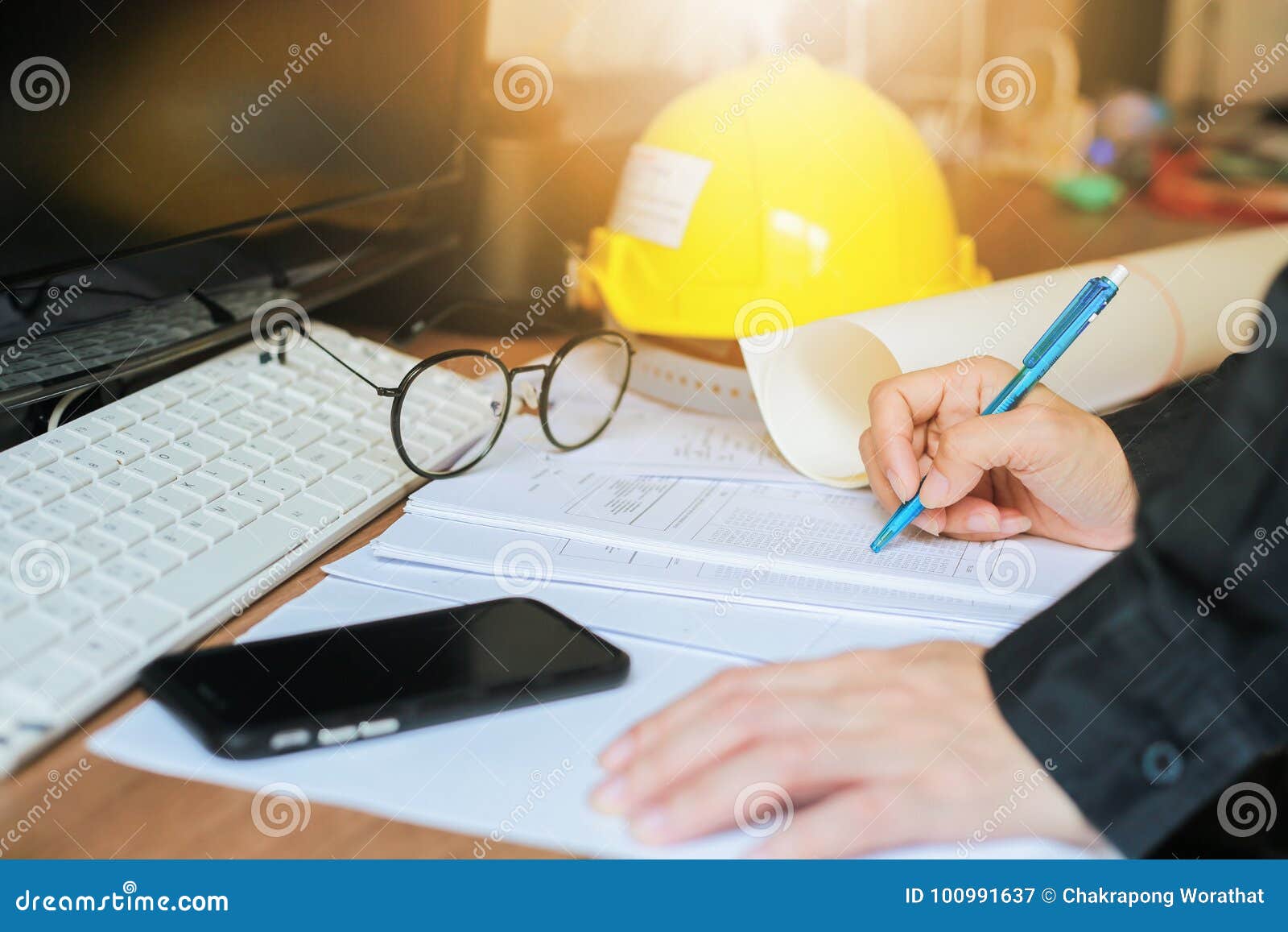 Hands of Engineer Working on Blueprint, Image of Engineering. Stock ...