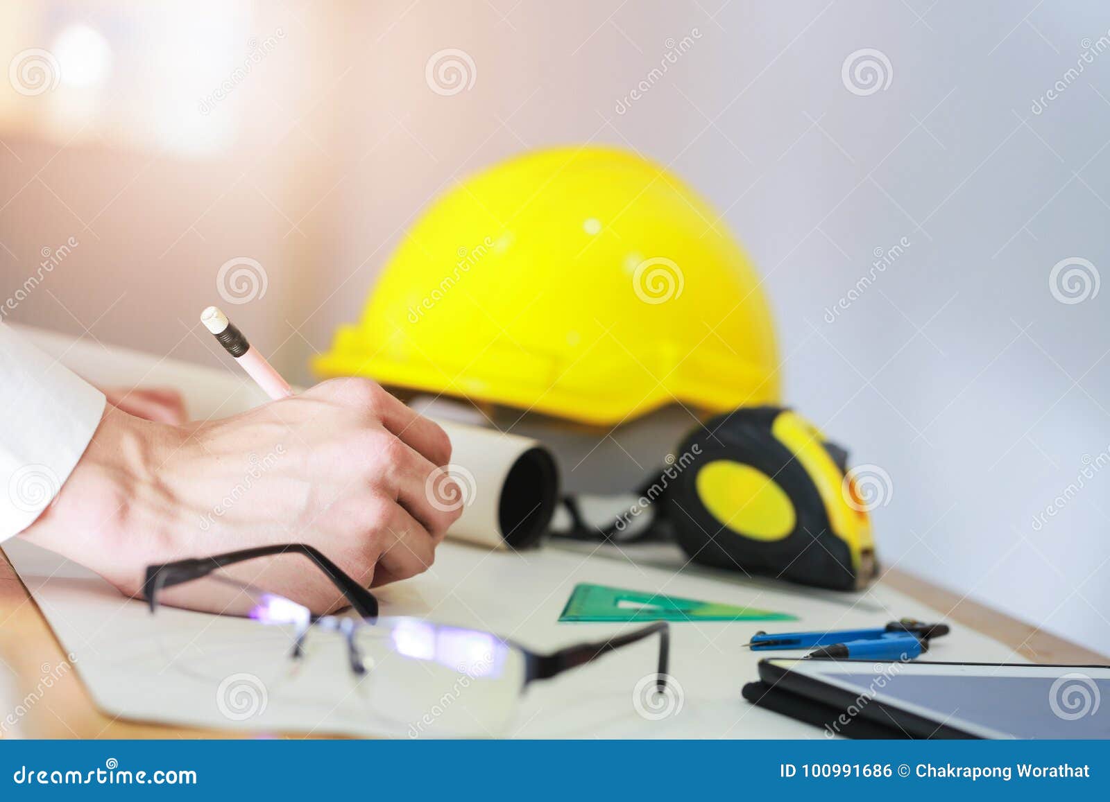 Hands of Engineer Working on Blueprint, Image of Engineering. Stock ...