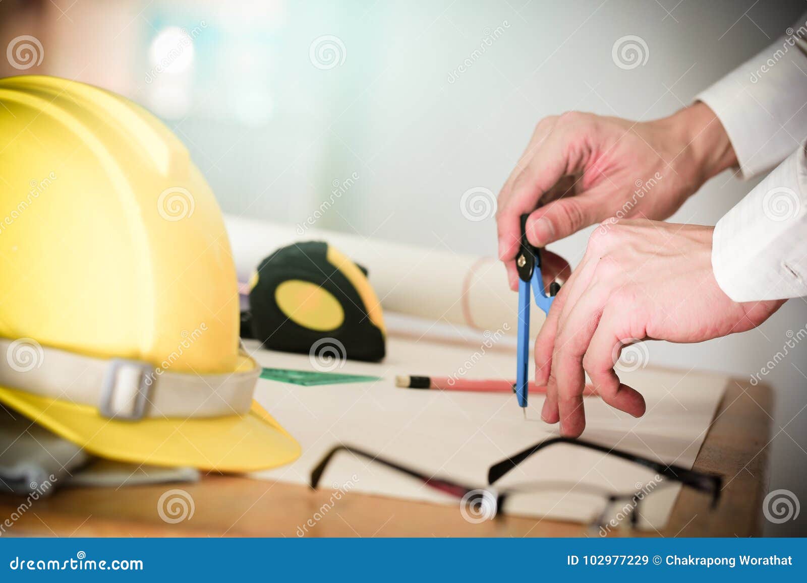 Hands of Engineer Working on Blueprint, Image of Engineering. Stock ...
