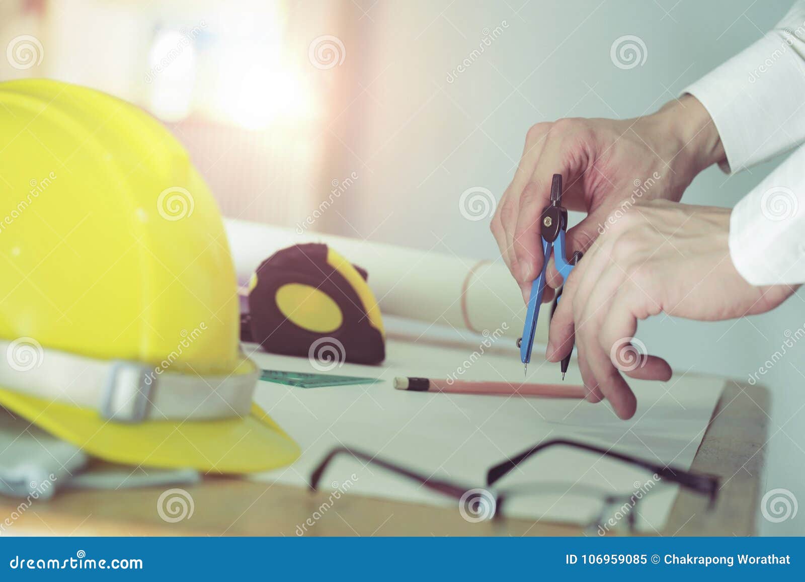 Hands of Engineer Working on Blueprint, Image of Engineering. Stock ...