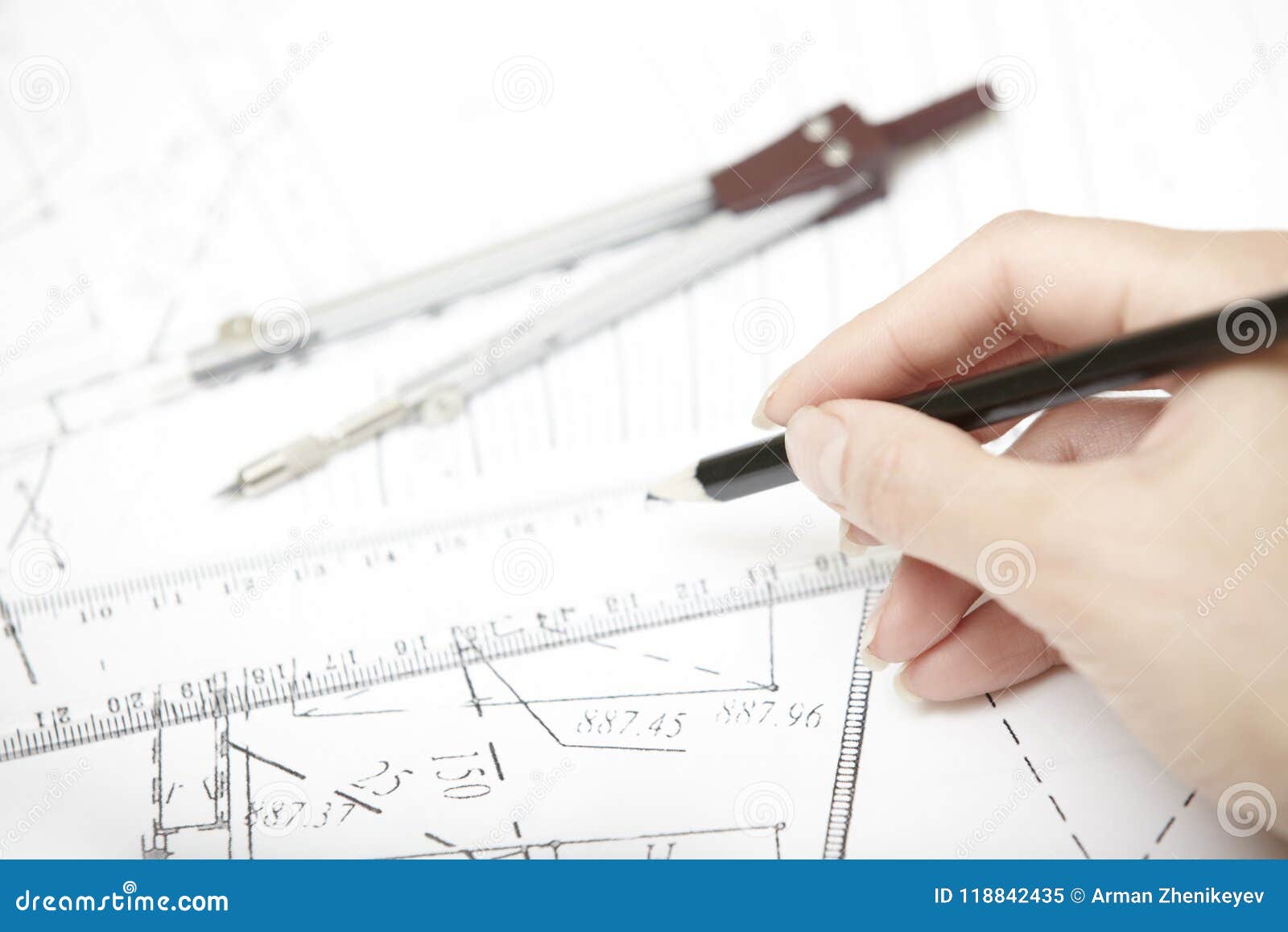 Hands of Engineer Working on a Construction Plan Stock Image - Image of ...