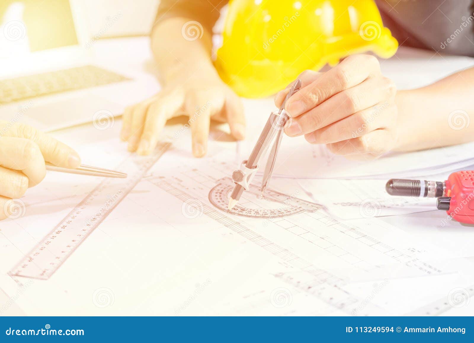Hands of Engineer Working Design on Blueprint, Construction Concept ...