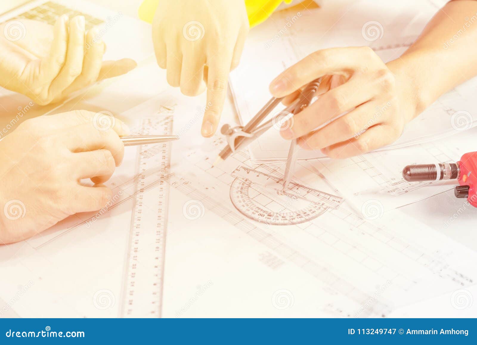 Hands of Engineer Working Design on Blueprint,Construction Concept ...