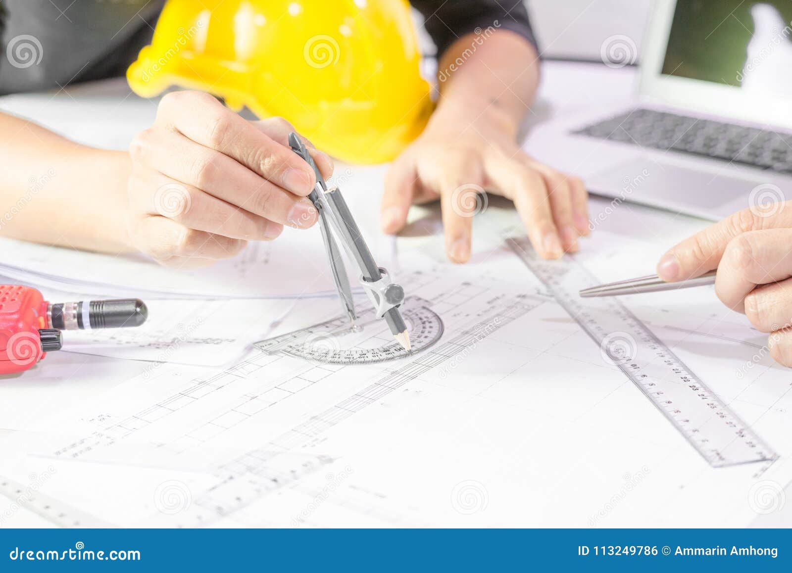 Hands of Engineer Working Design on Blueprint,Construction Concept ...