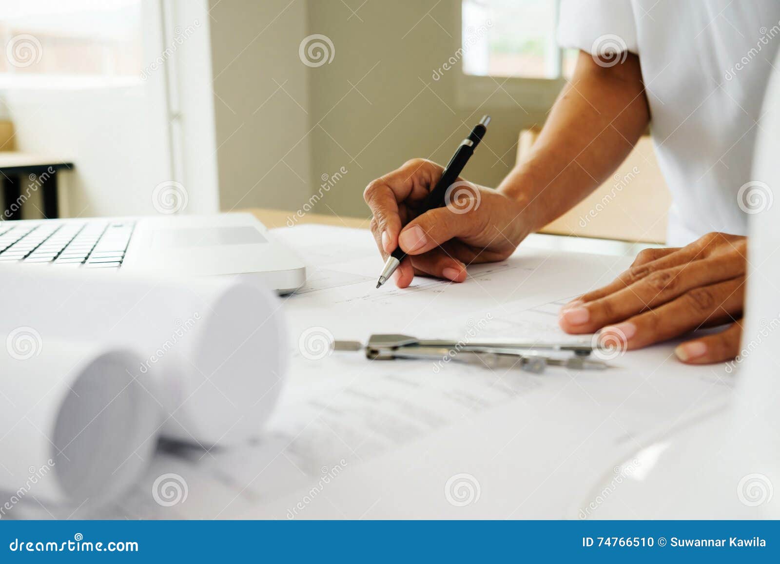 Hands of Engineer Working with Engineering Tools on Blueprint Stock ...