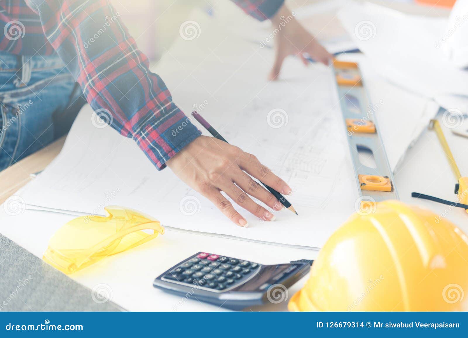 Hands of Female Architect or Engineer Using Pencil Working with Stock ...