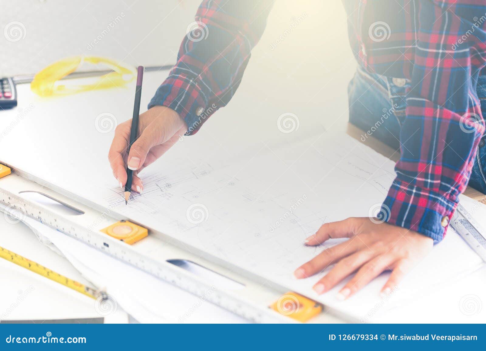 Hands of Female Architect or Engineer Using Pencil Working with Stock ...