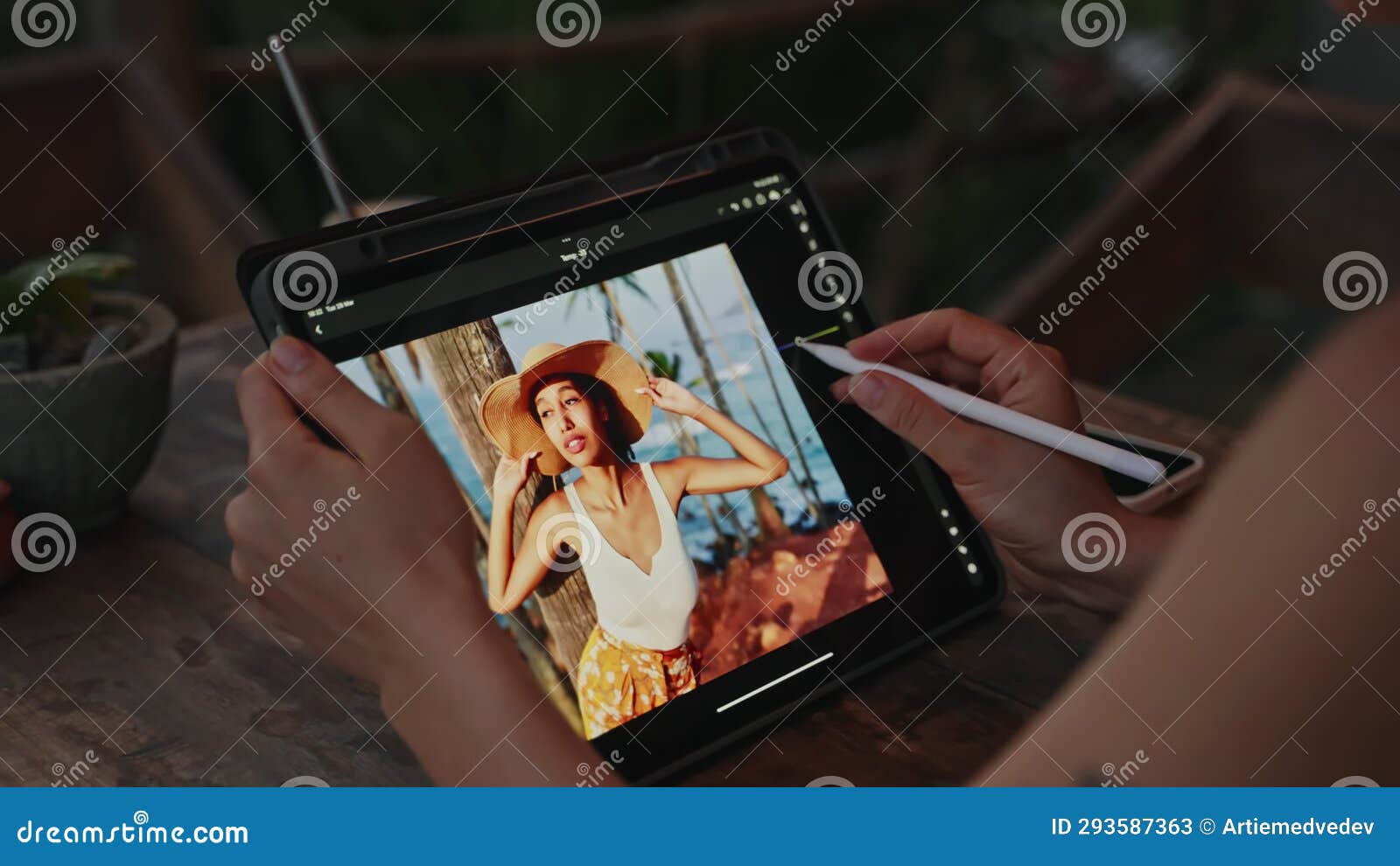 Hands of Female Artist Edit Photo Using Retouching Software on Tablet ...