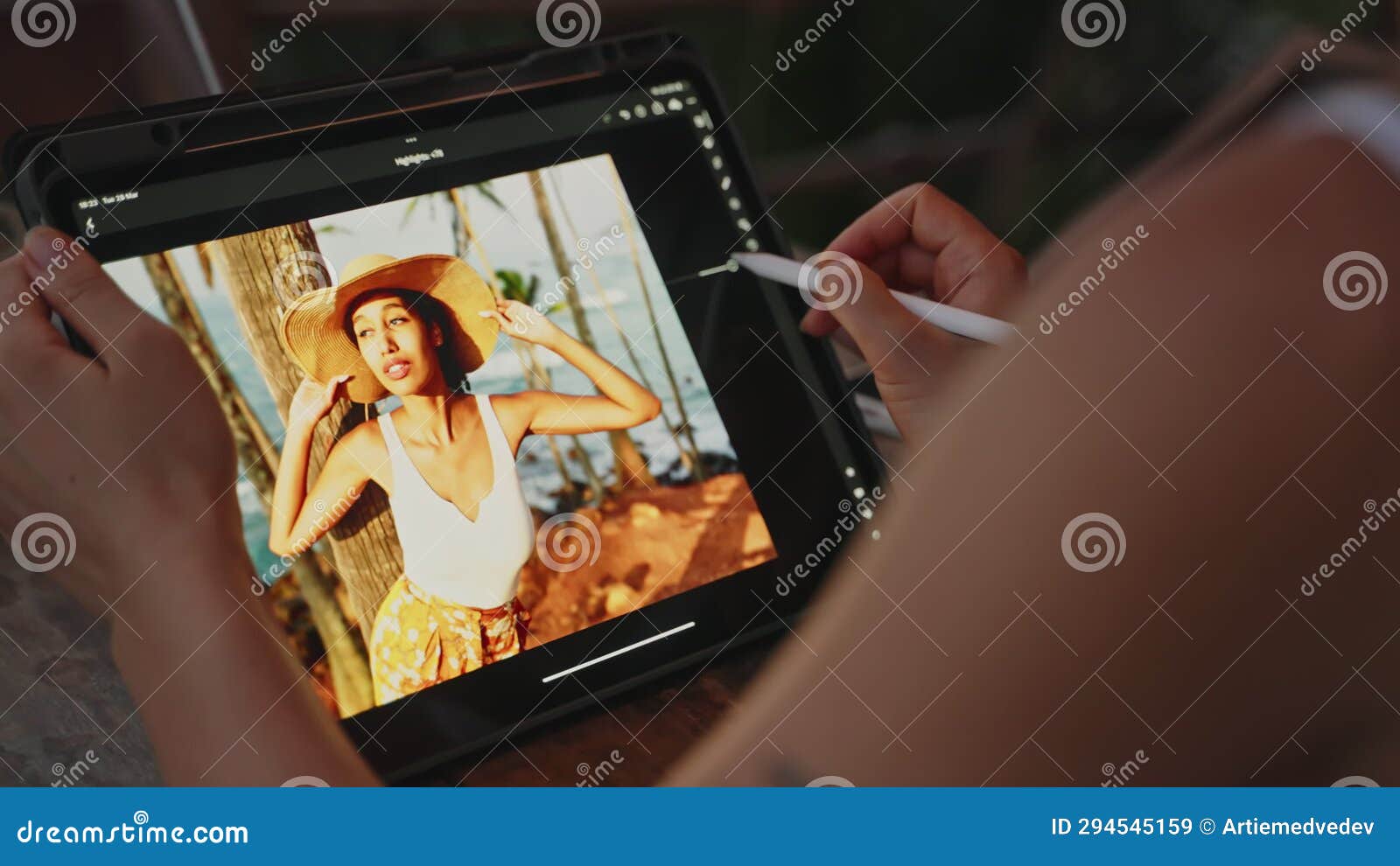 Hands of Female Artist Edit Photo Using Retouching Software on Tablet ...