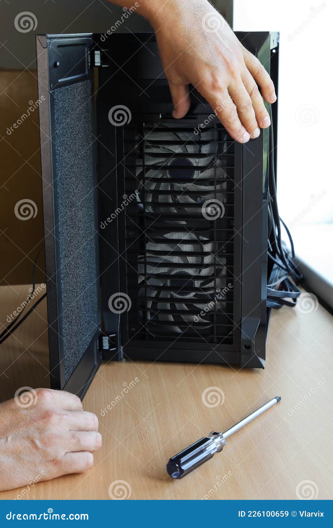 Hands Fix Mesh Filter before Blowing Air Fans Cooling System Unit of ...