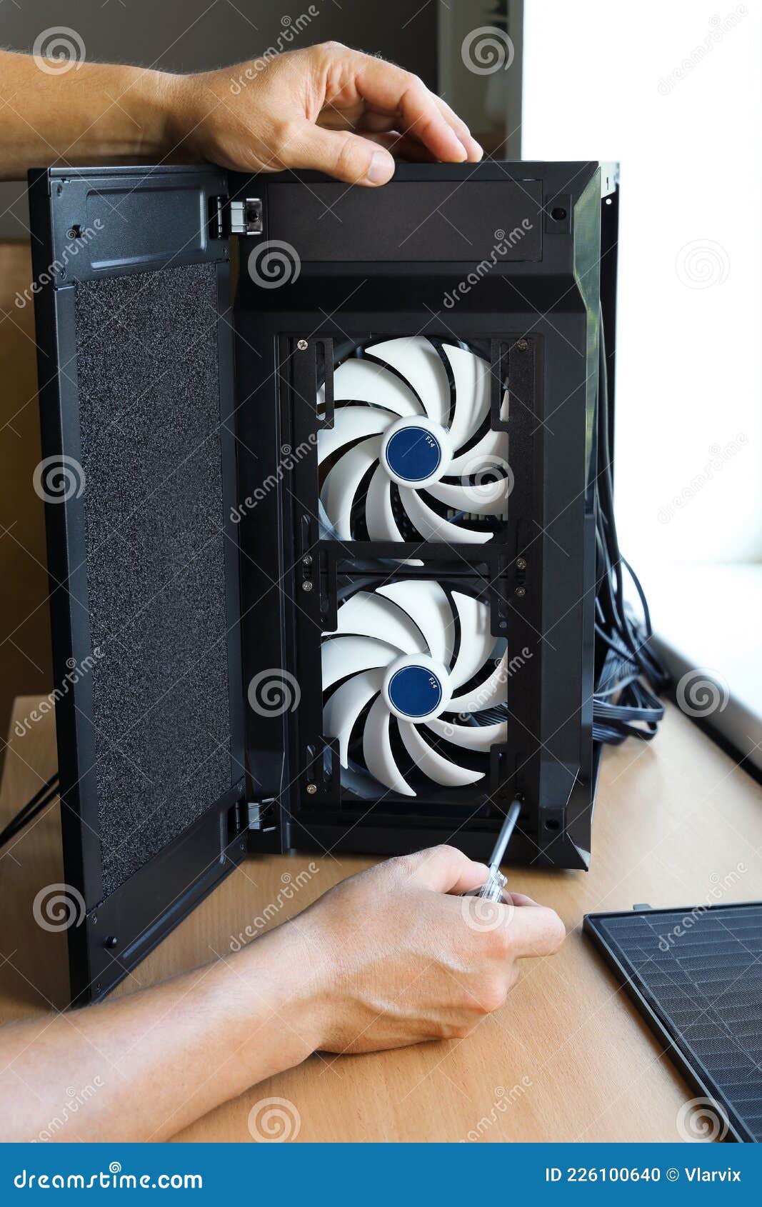 Hands Fixed with Screws Cooling Fan Computer Frame Unit when Assembling ...