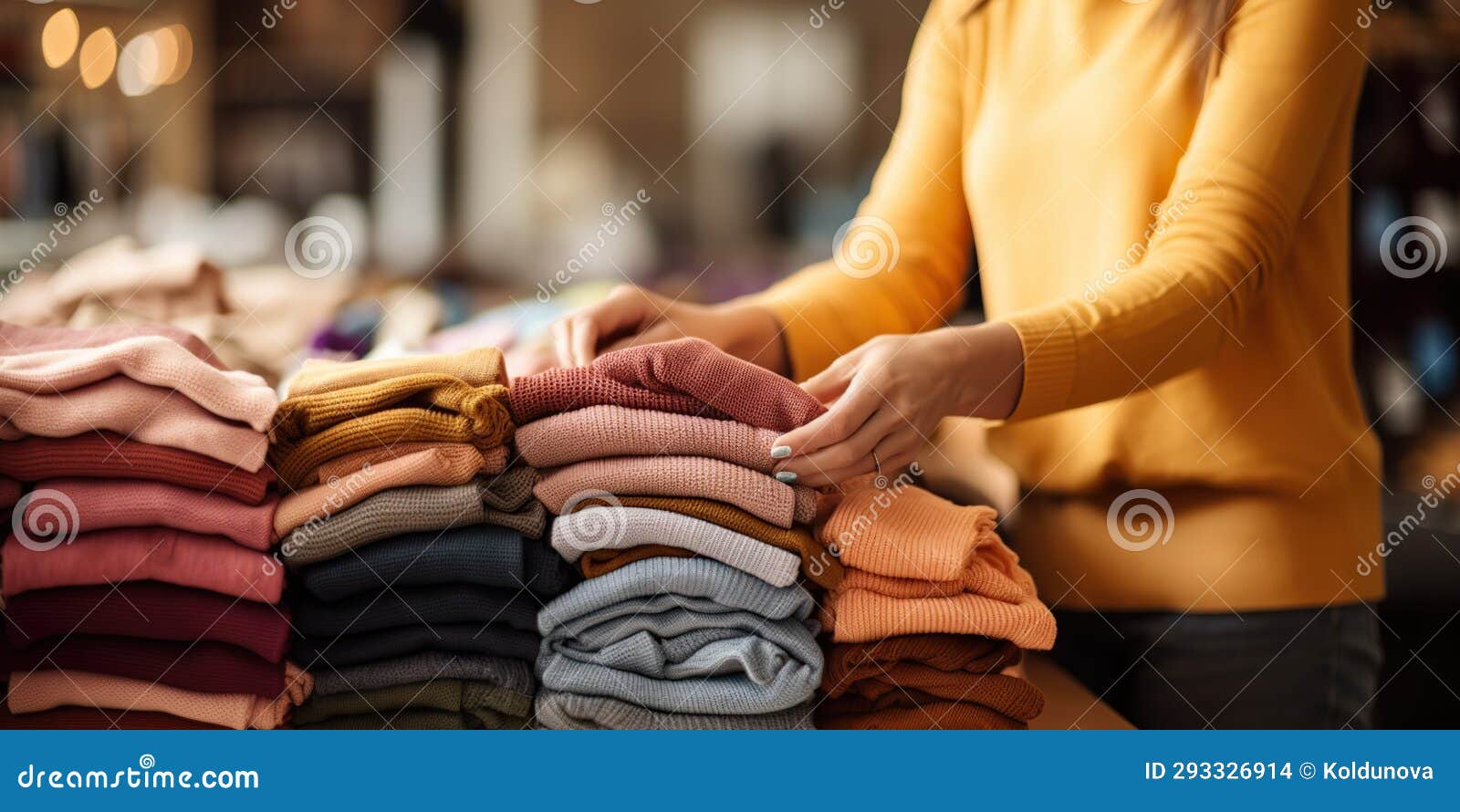 Hands Flipping through a Stack of Folded Sweaters on a Store Display ...