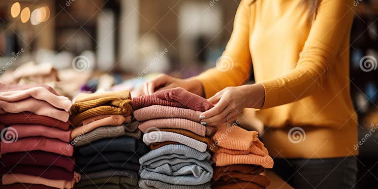 Hands Flipping through a Stack of Folded Sweaters on a Store Display, Checking Size Tags ...