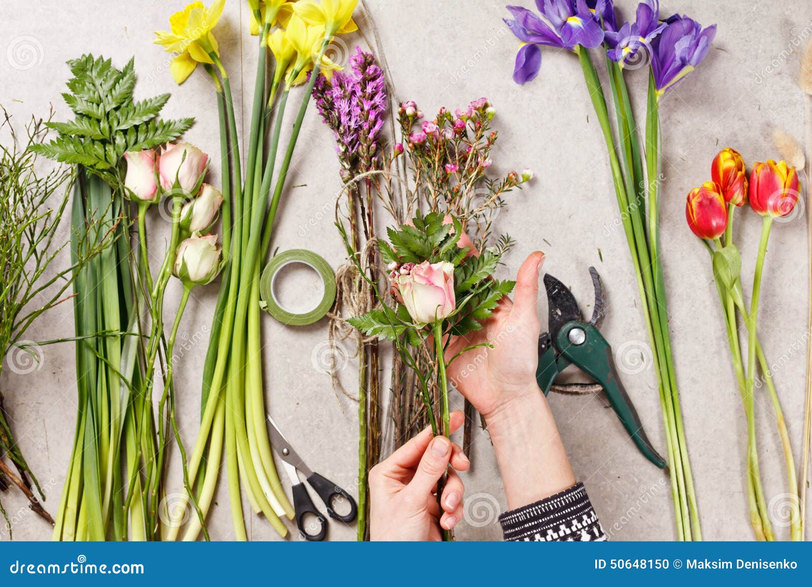 Hands of Florist Making Bouquet Spring Flowers Stock Photo - Image of ...