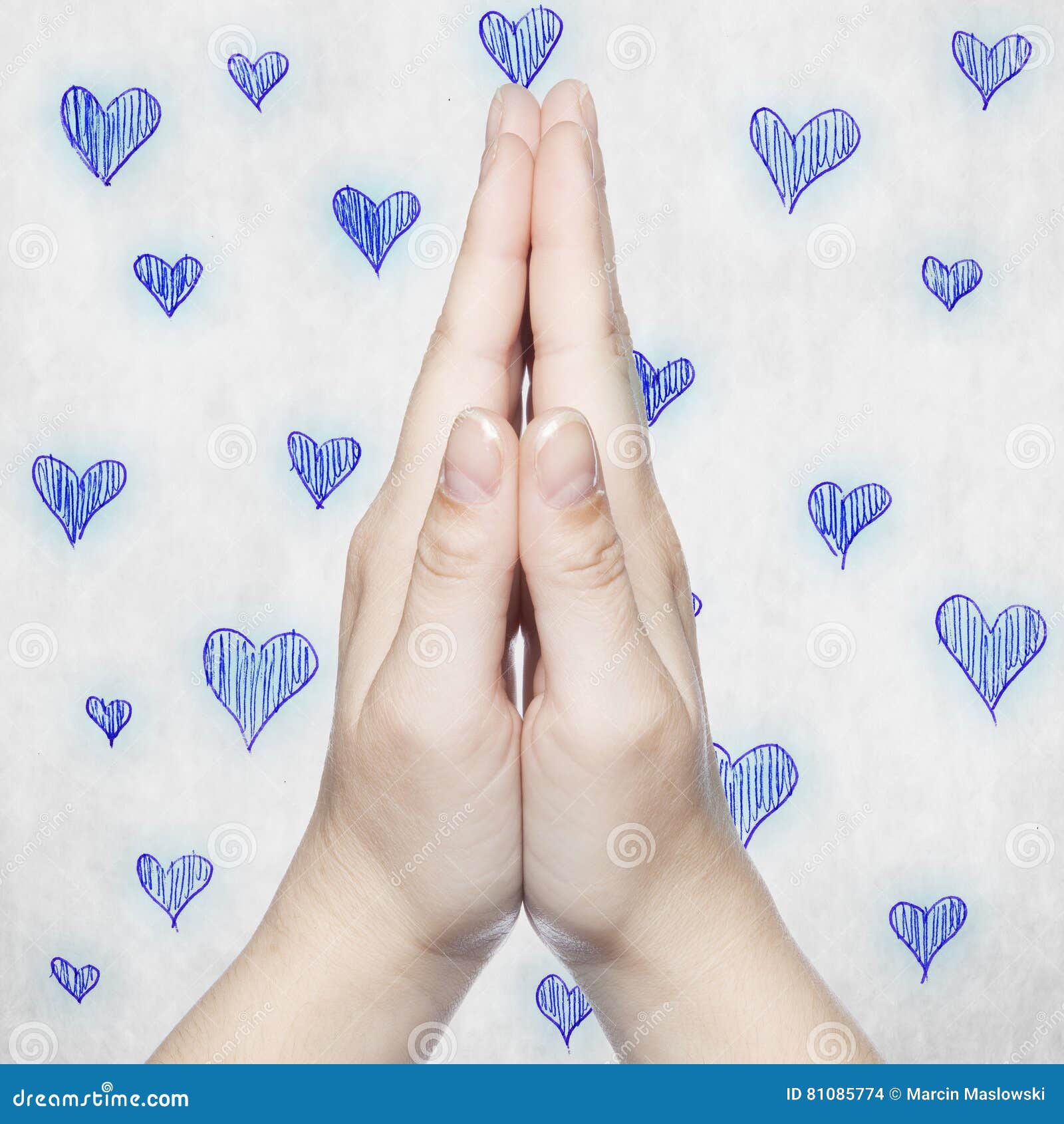 Hands Folded in Prayer, Then with Blue Hearts Stock Photo - Image of ...
