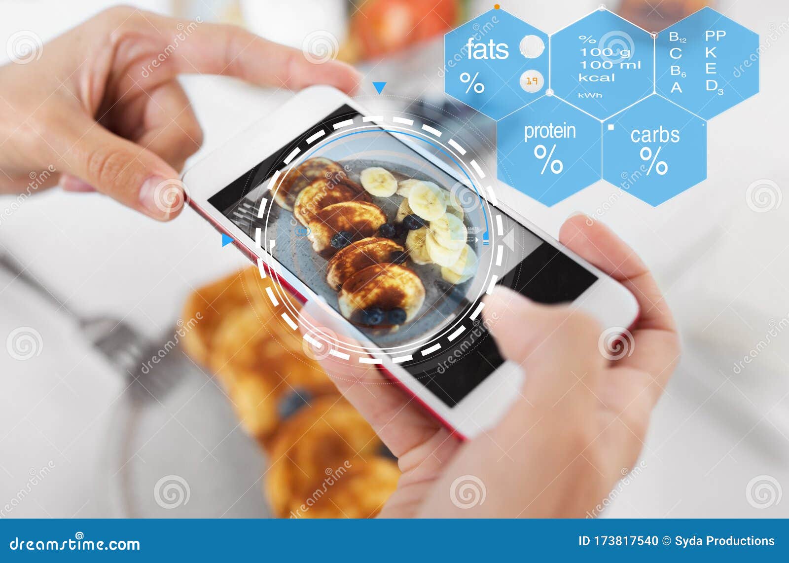 Hands with Food on Smartphone Screen Stock Photo - Image of hand, diet ...