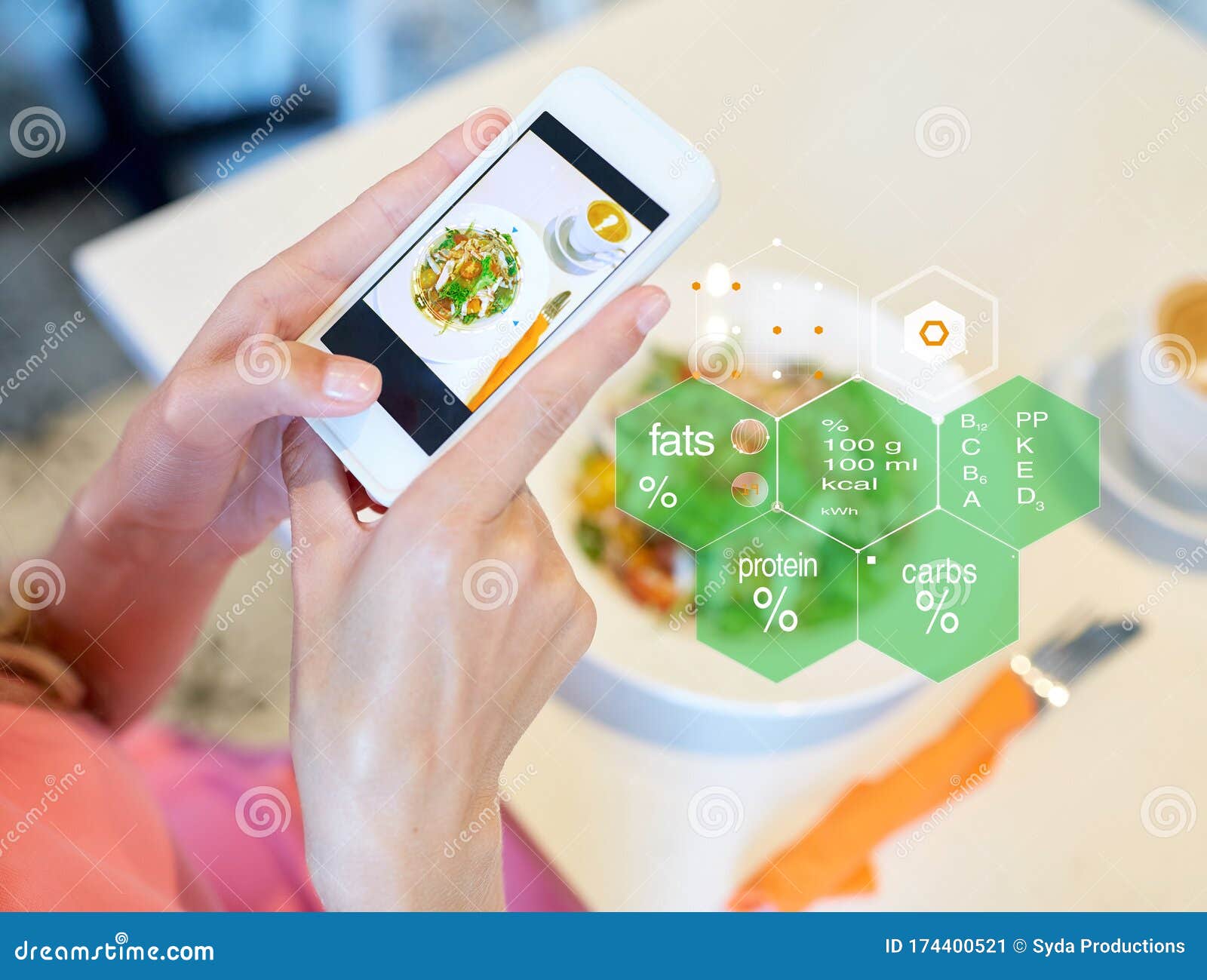 Hands with Food on Smartphone Screen at Restaurant Stock Image - Image ...
