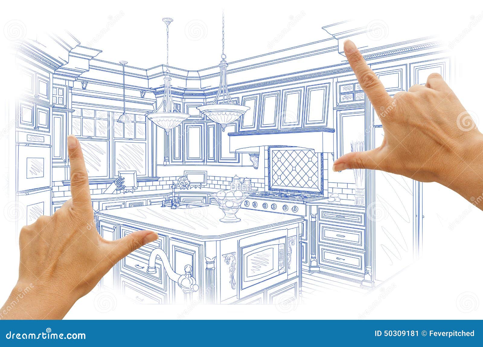 Hands Framing Blue Custom Kitchen Design Drawing Stock Image - Image of ...