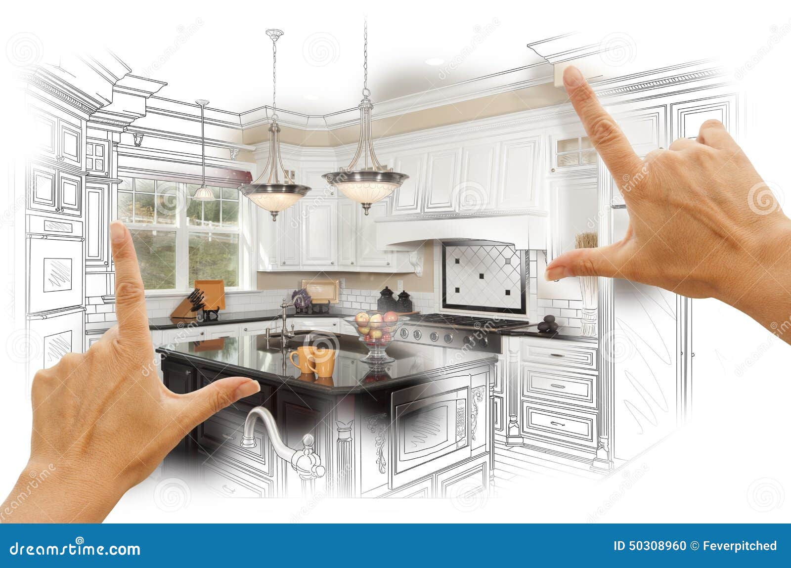 Hands Framing Custom Kitchen Design Drawing and Photo Combination Stock ...