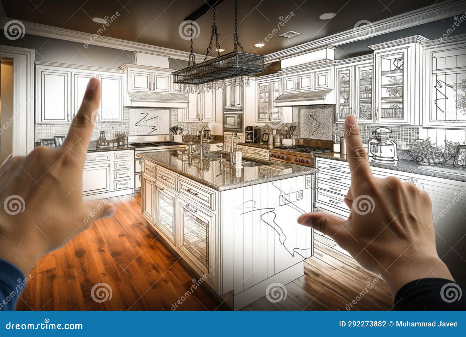 Hands Framing a Custom Kitchen Design, Merging Drawing and Photo Stock ...