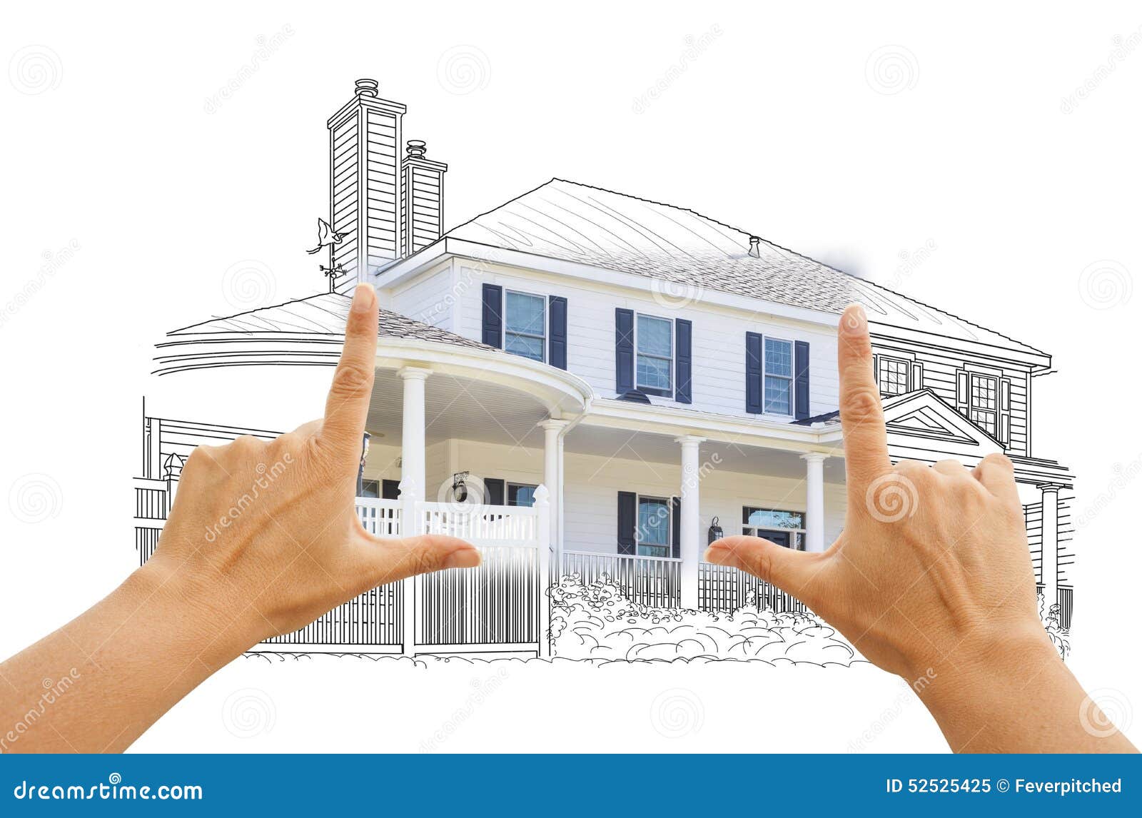 Hands Framing House Drawing and Photo on White Stock Image - Image of ...