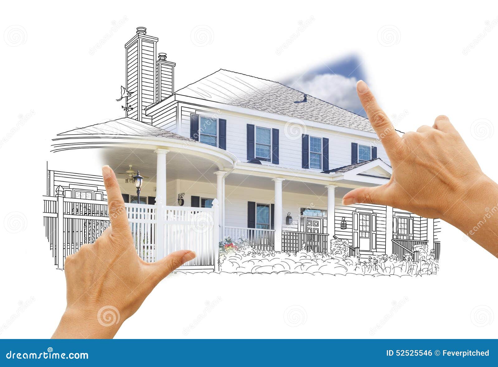 Hands Framing House Drawing and Photo on White Stock Photo - Image of ...