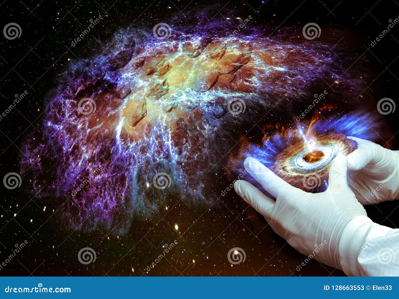 The Hands of the Future Scientist in Gloves Hold a Torch and Create a ...
