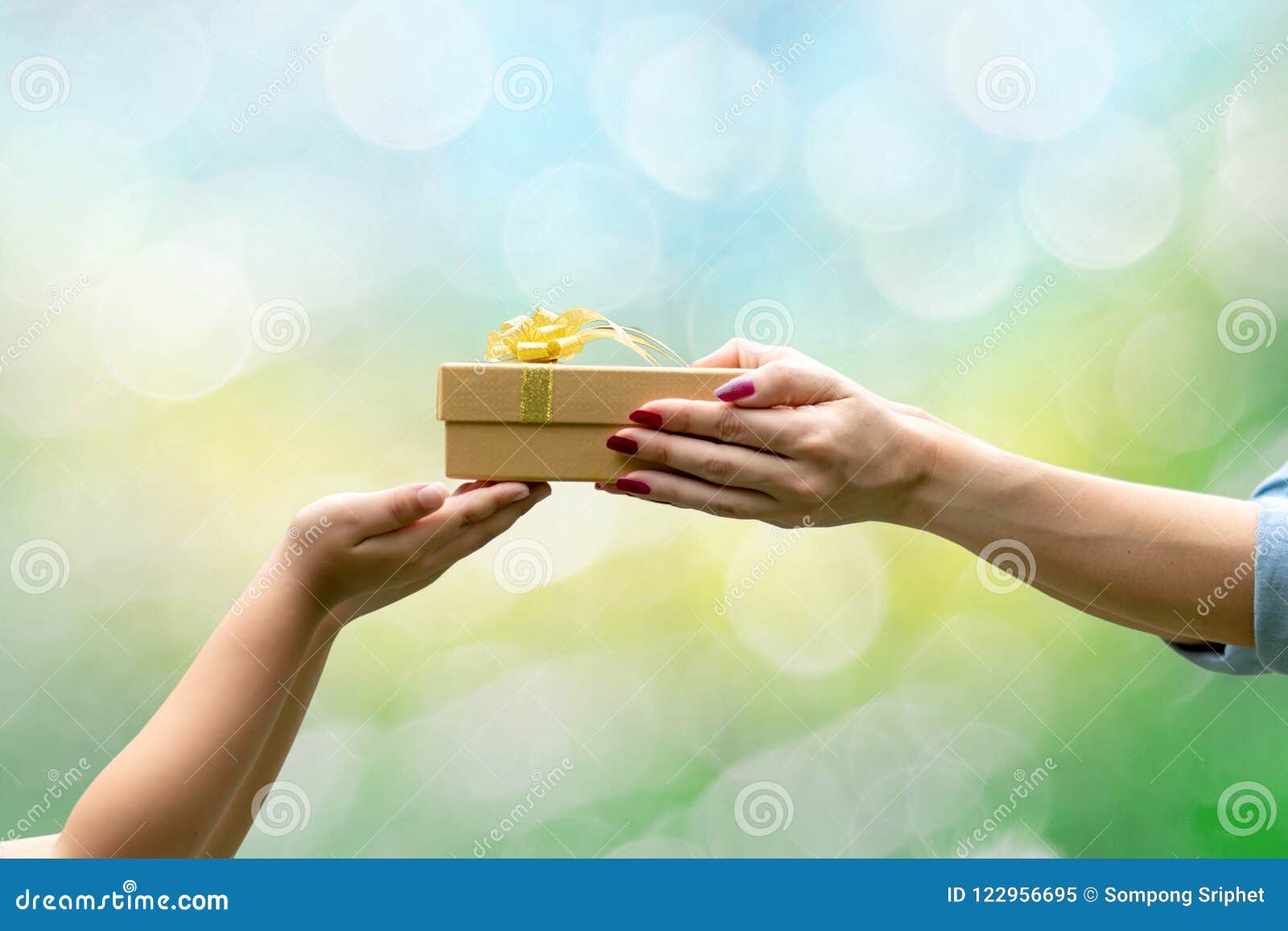 Hands Give Gift Congratulation Thank You Green Background Royalty-Free ...