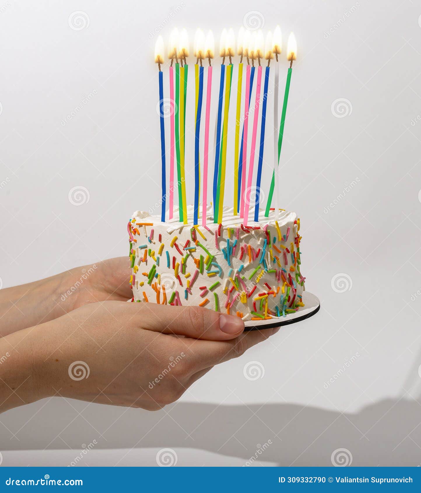 Hands Giving Birthday Cake with Many Tall Candles Stock Photo - Image ...