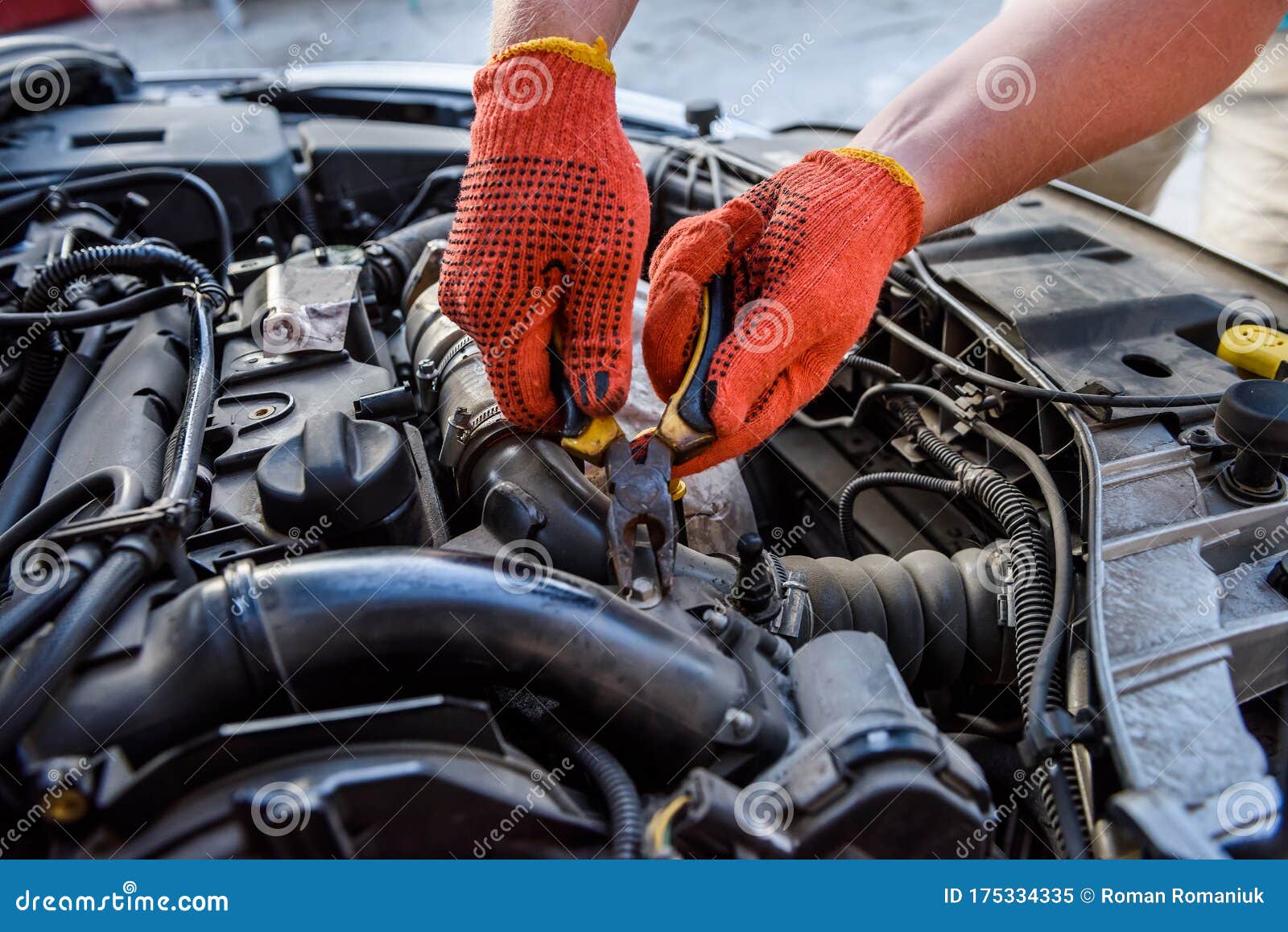 Hands in Gloves with Car Engine Close Up Stock Image - Image of shop ...