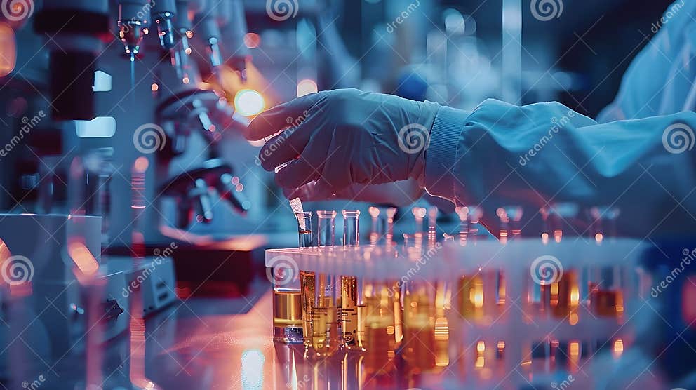 Hands in Gloves Performing Tests on Pharmaceutical Samples Surrounded ...