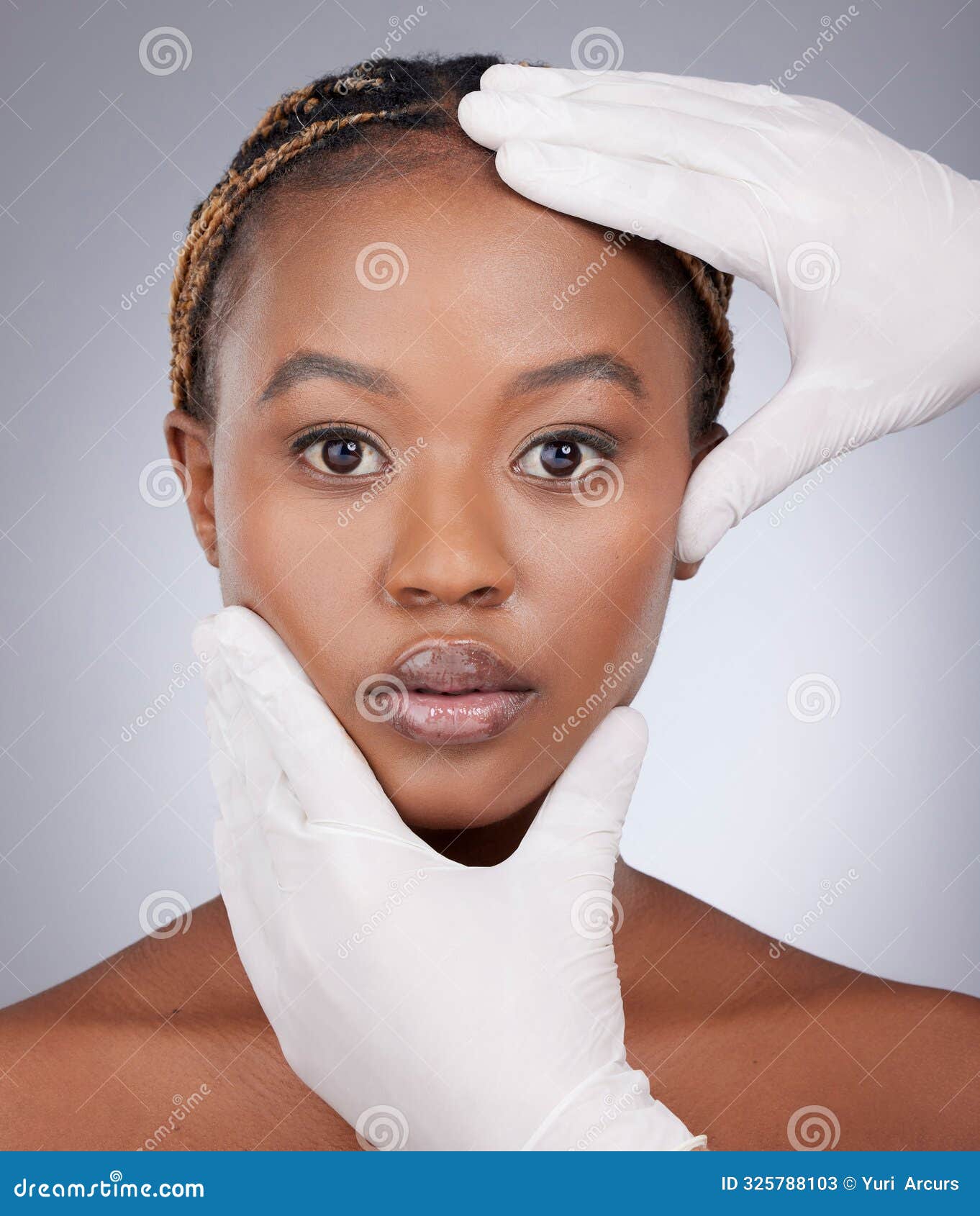 Hands Gloves And Portrait Of Black Woman With Plastic Surgery For