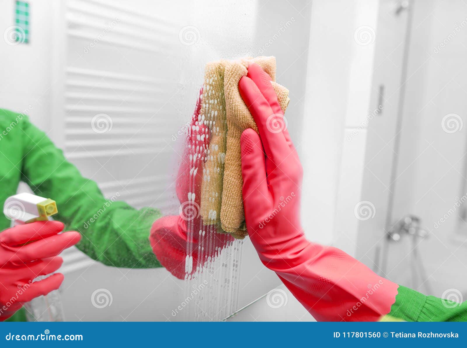 Hands in Gloves Wash the Mirror. Stock Photo - Image of closeup ...