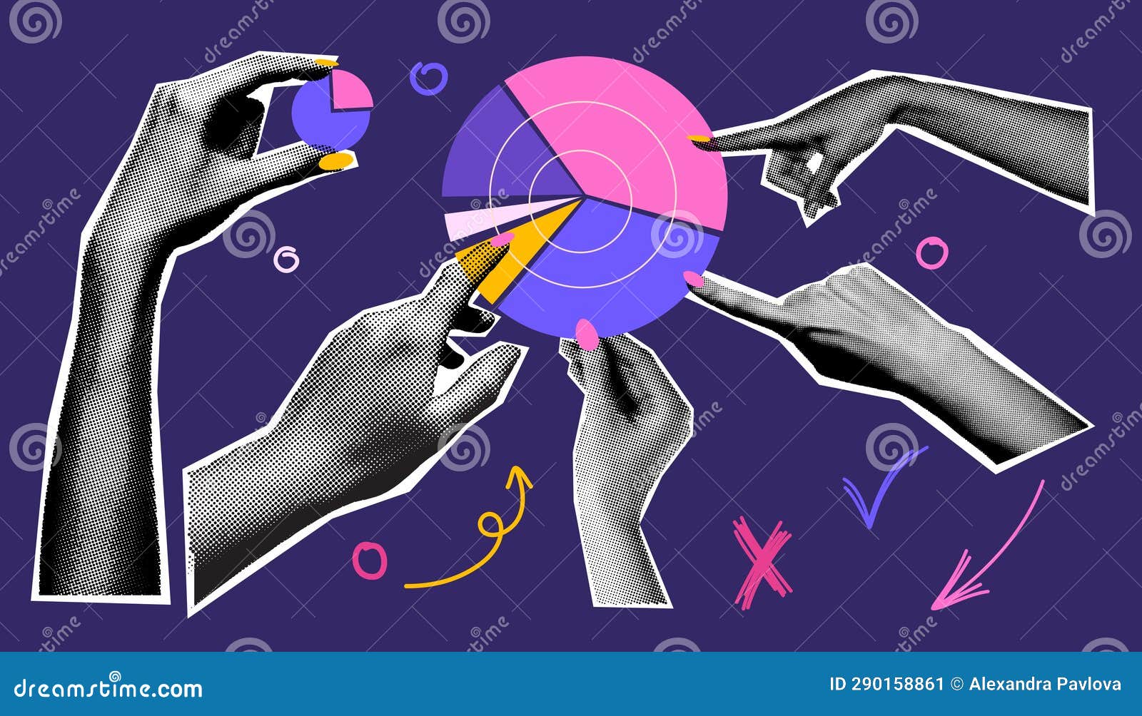 Hands and a Graphic. Halftone Collage in Bright Colours Stock Vector ...