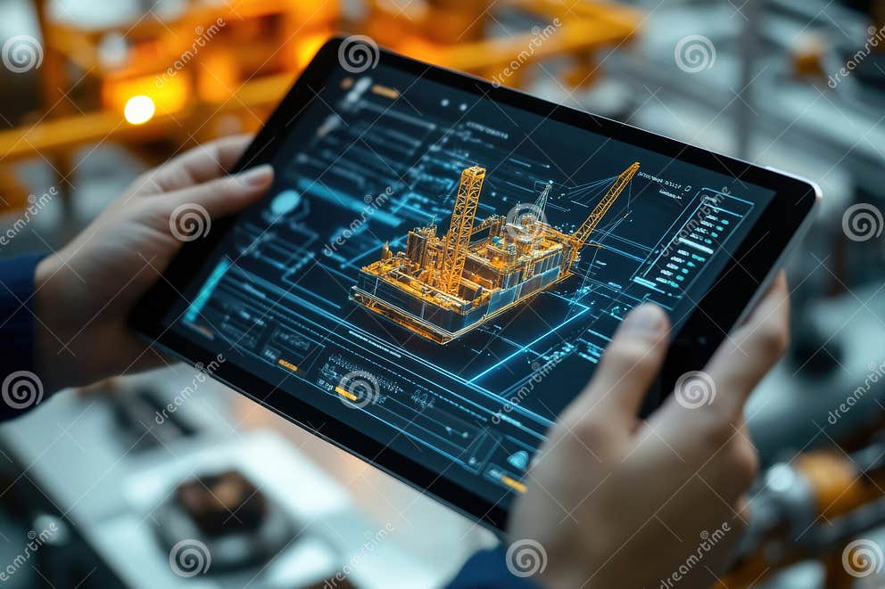 Hands Holding a Tablet with a Detailed 3D Oil Rig Model in a High Tech ...