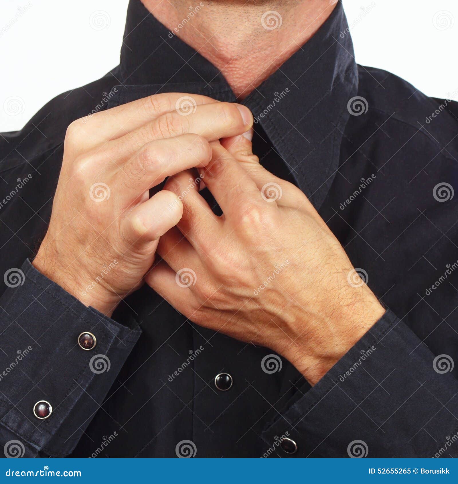 Hands a Guy Fastened Collar of Black Shirt Closeup Stock Image - Image ...