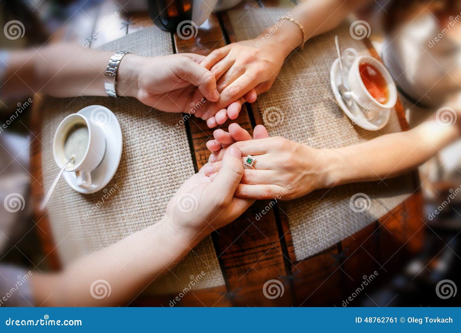 Hands of the Guy and Hand of the Girl at a Table with a Cup of Tea and ...
