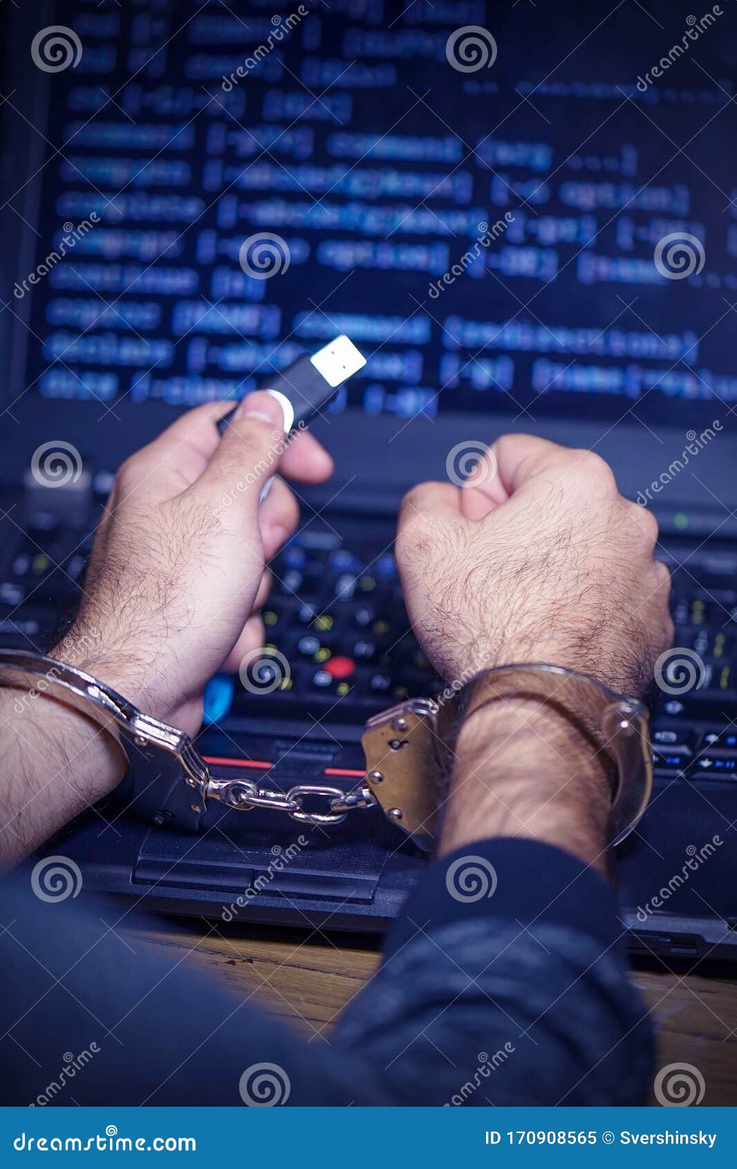 Criminal Hacker Hands Locked in Handcuffs. Close-up View Stock Image ...