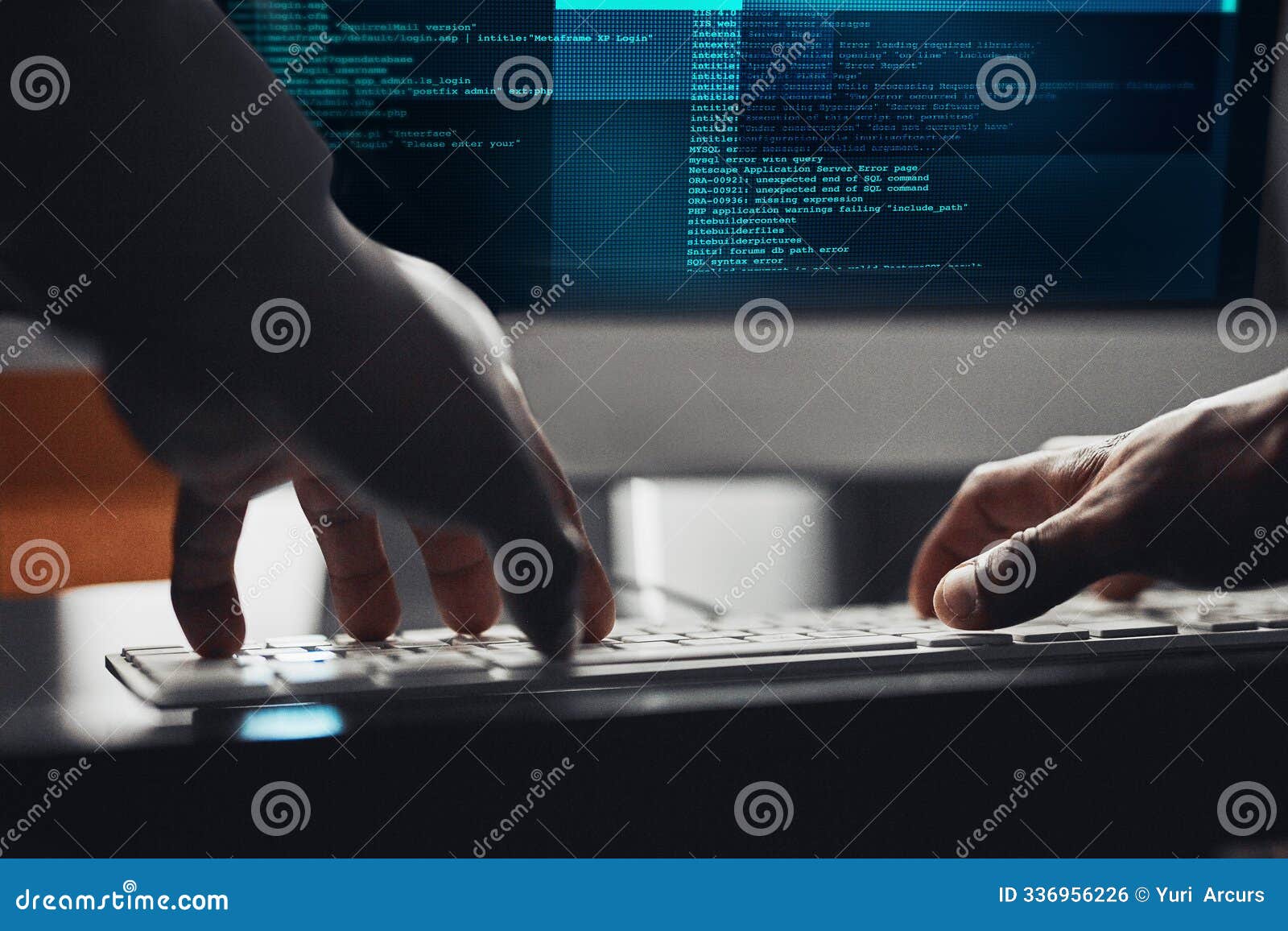 Hands Hacker And Typing On Computer For Programming Data Breach Or Cyber Attack At Night