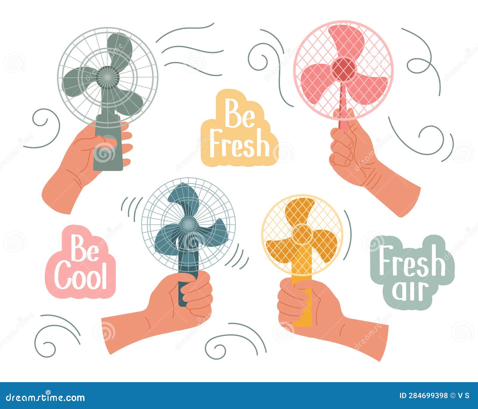 Hands with Hand Fans in Flat Style. Modern Electric Fans of Different ...