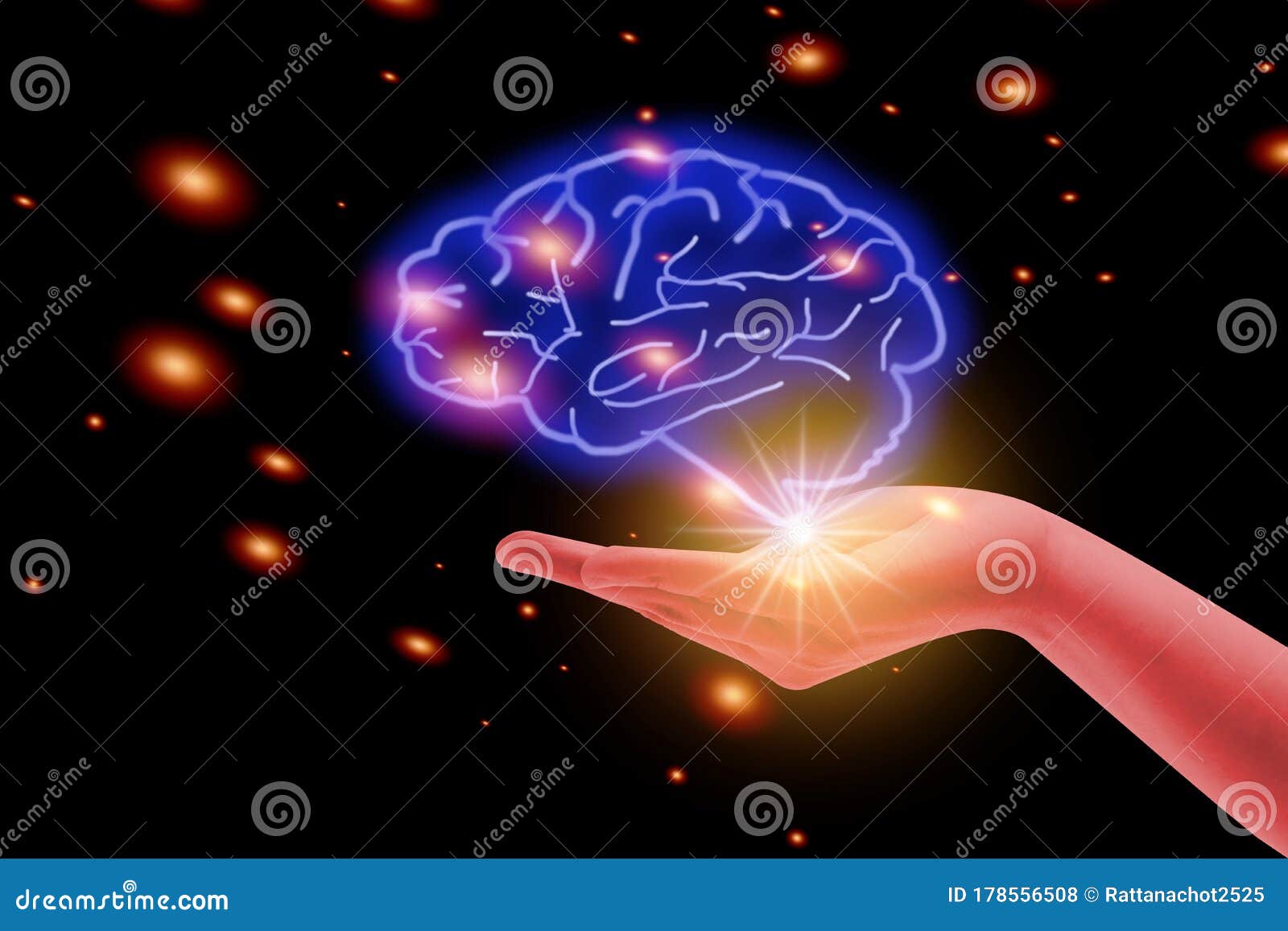Hands Held Up the Brain with Sparkling Thoughts. Science and Business ...