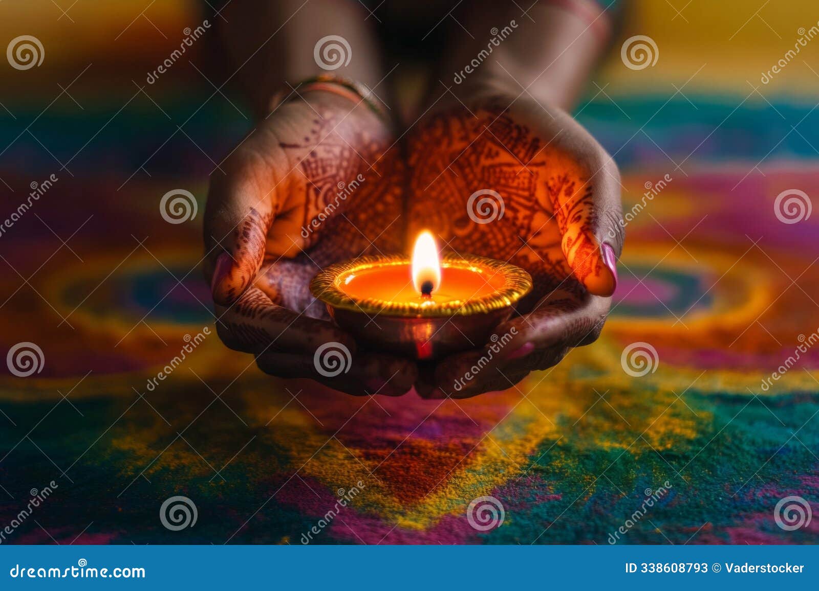 Hands with Henna Holding a Lit Diya on Colorful Surface Stock ...