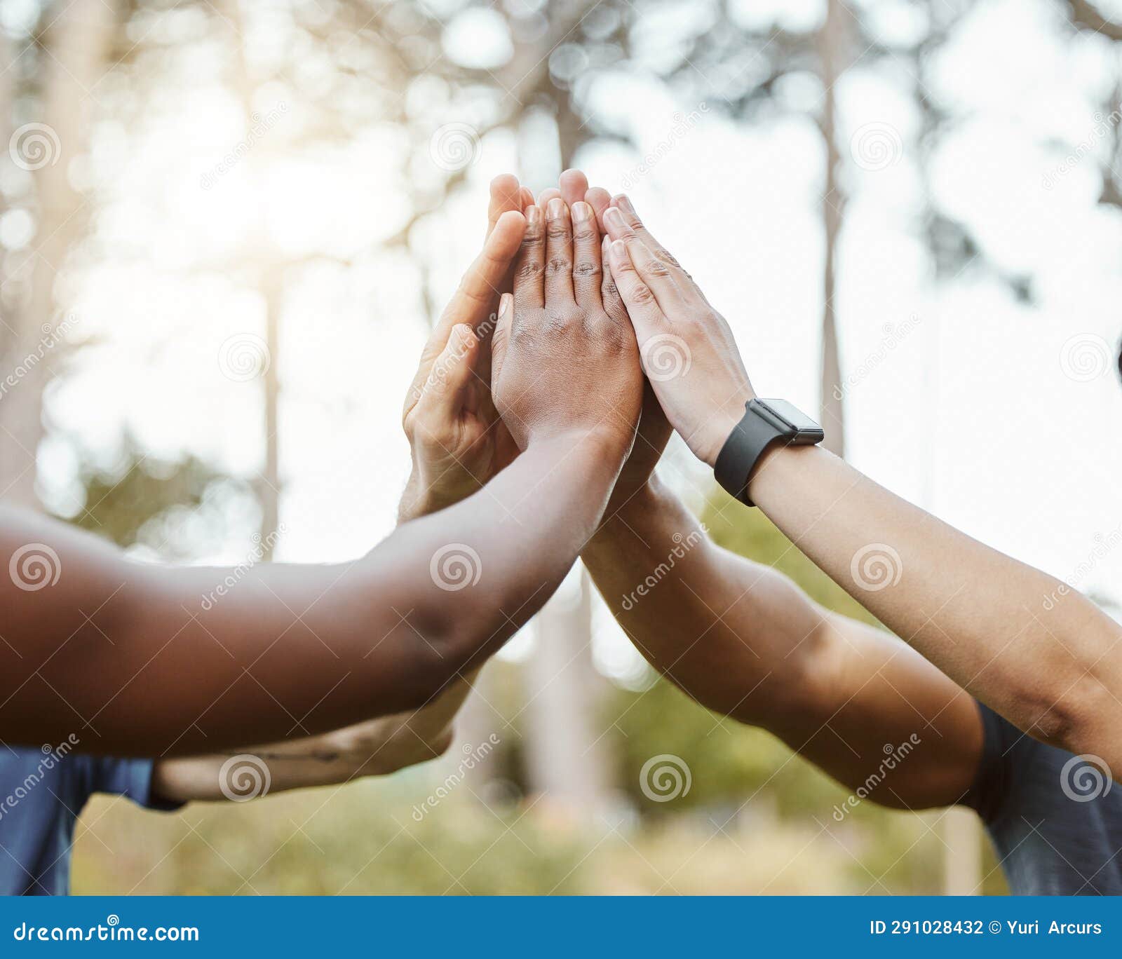 Hands, High Five with Exercise Group and Support in Team of People ...
