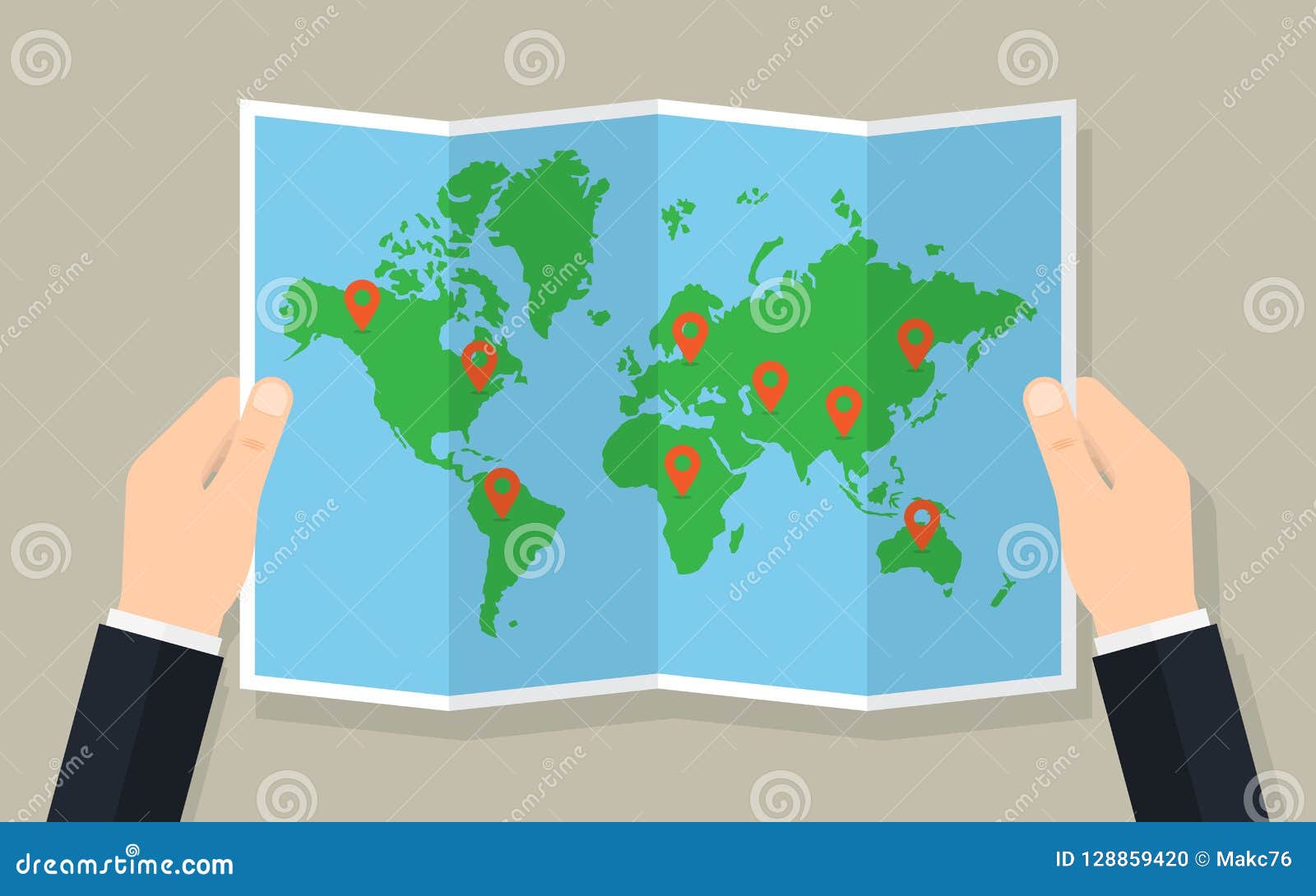 Hands Hold Folded Paper Map of World with Markers Stock Vector ...
