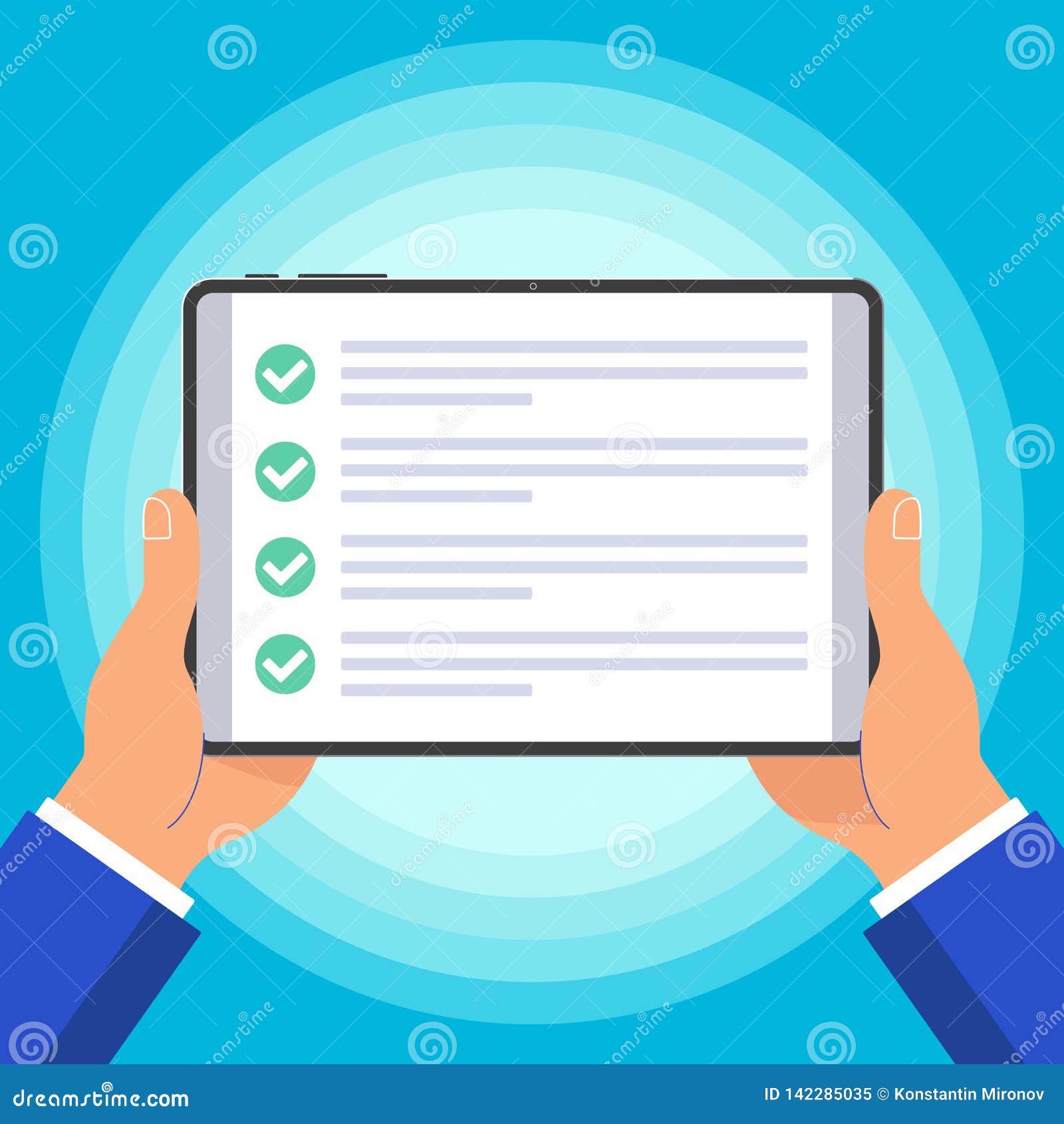 Hands Hold Pad Device Tablet Flat Design with Check Marks Tick on the ...