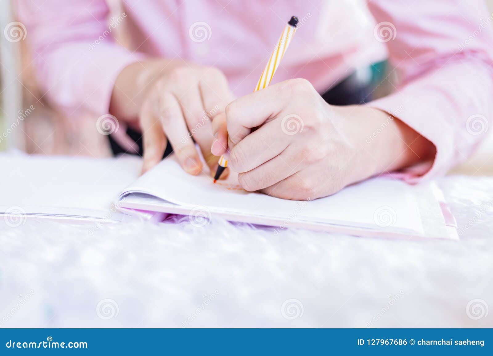 Hands People Hold Pen and Use for Write Paper. Stock Photo - Image of ...